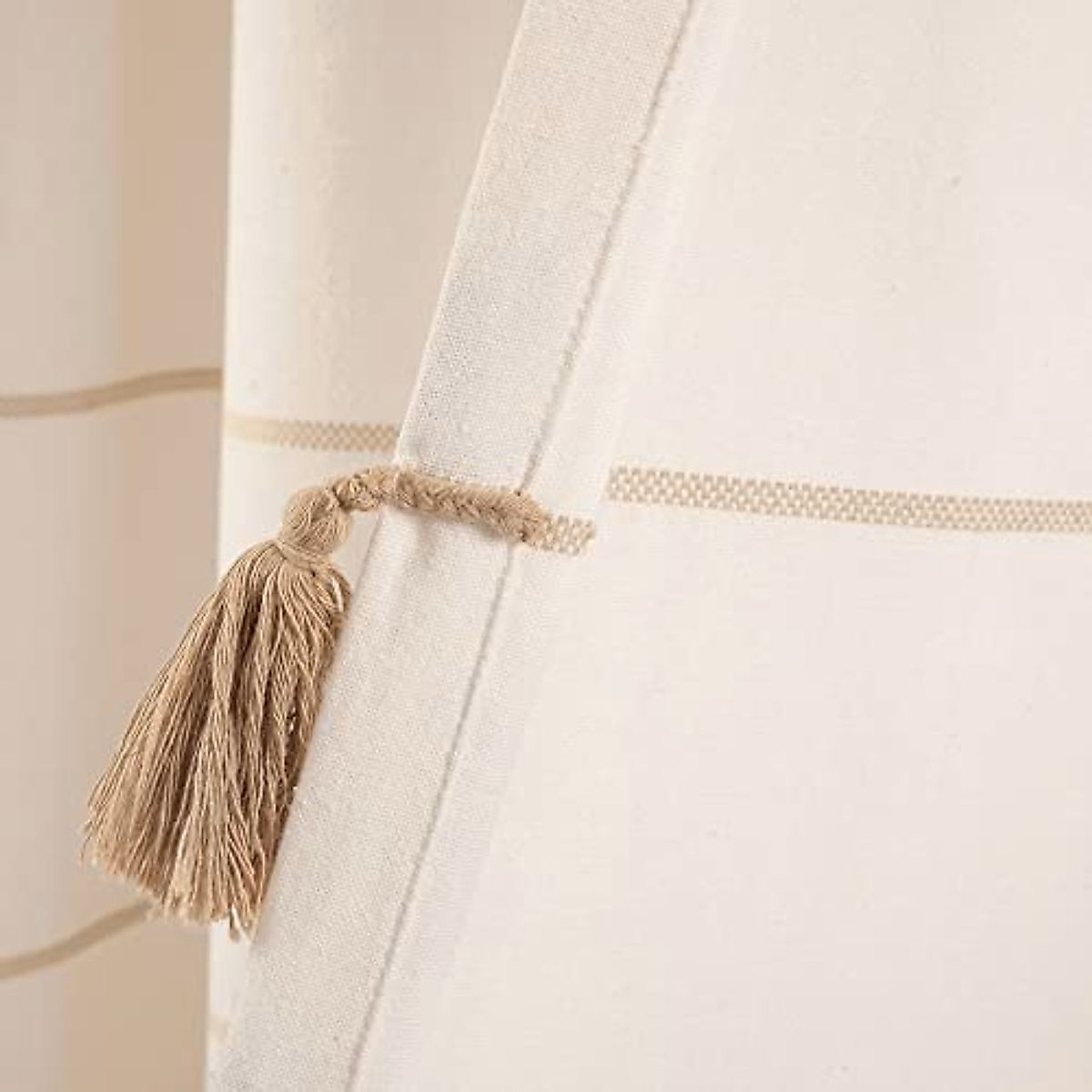 Lush Decor Farmhouse Boho Stripe Woven Tassel Yarn Dyed Cotton Window Curtain Panel Pair, 84" L x 42" W, Ivory & Wheat