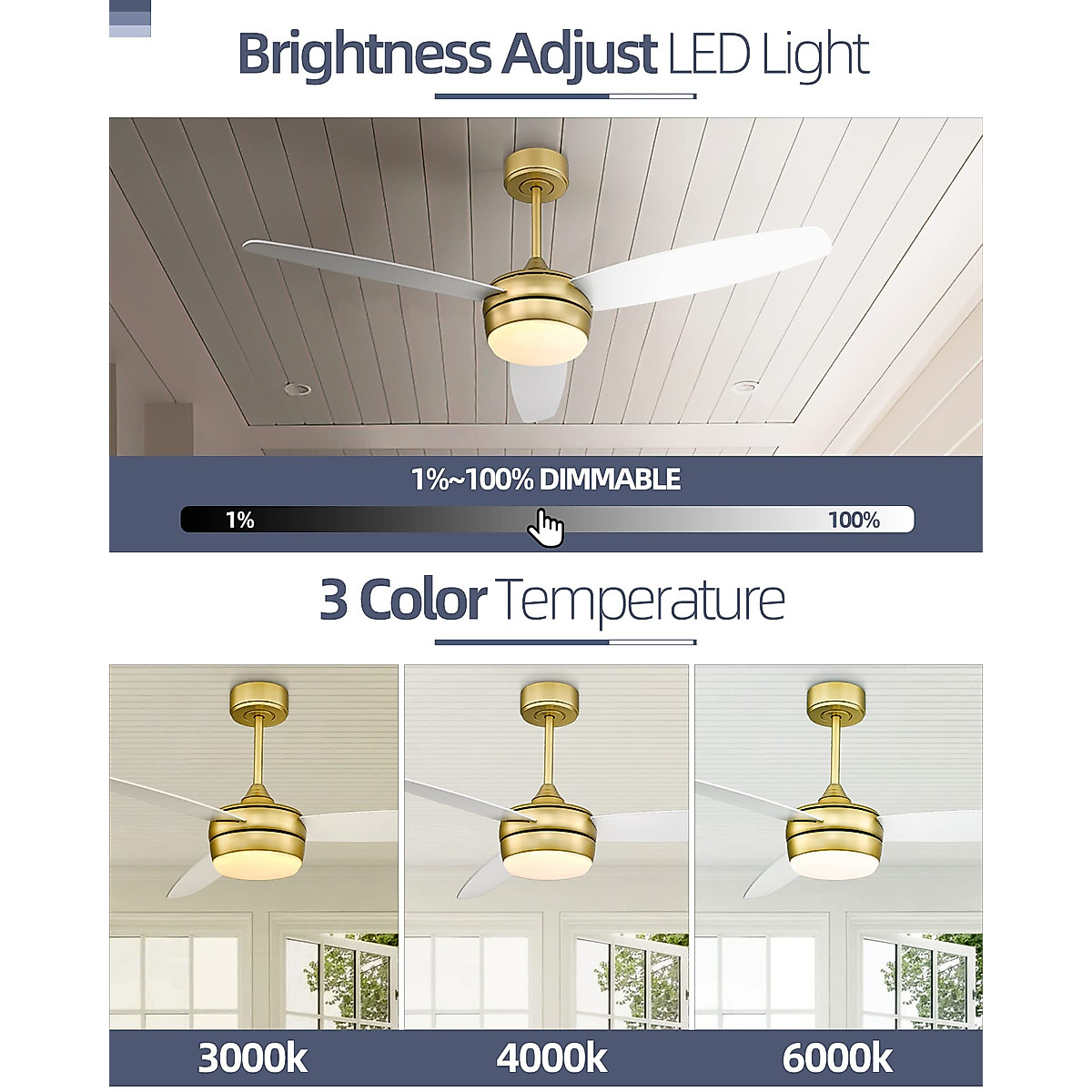 YOUKAIN Modern Ceiling Fan, 52 Inch Gold Ceiling Fan with Light and Remote Control, LED Ceiling Fan with 3 White Blades for Living room, Bedroom, Bathroom, 52-YJ273-WH