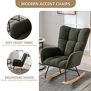 Rocking Chair Nursery, Teddy Upholstered Glider Rocker, Modern Accent Chair with High Backrest Padded Seat Pocket, Cozy Armchair Side Chair for Living Room, Bedroom, Office, Balcony, Dark Green
