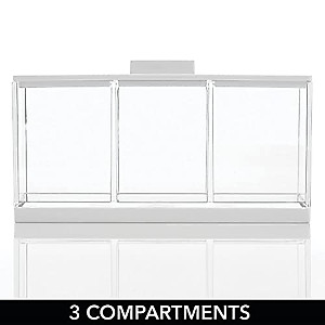 mDesign Cosmetic Divided Organizer Storage Canister Box with 3 Sections and Lid for Bathroom Vanity Countertop - Holder for Cotton Swabs, Perfume, Lipstick - Lumiere Collection - Clear/White