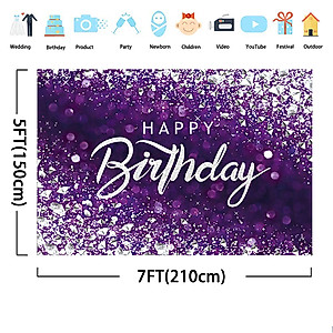 SVBright Purple Happy Birthday Backdrop for Women 7Wx5H Shinning Diamond Silver Bokeh Dots Woman Girls Elegant Sweet Princess Polyester Fabric Photography Background Banner Photo Booth Photo Studio