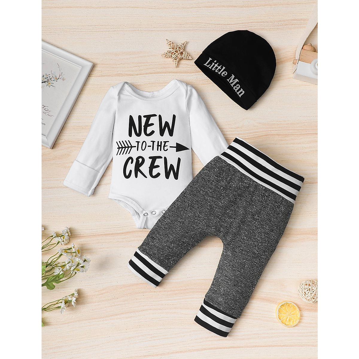 Baby Boy Clothes 0-3 Months Baby Clothes Boy New to The Crew Print Romper Pants Hat 3PCS Baby Boy Outfits White