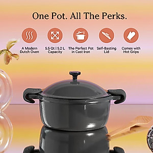Our Place Cast Iron Perfect Pot | 6-in-1 Multifunctional 5.5 Qt. Toxin-Free Enameled Dutch Oven with Self-Basting Lid | Hot Grips & Beechwood Scraper | Induction Cooktop and Oven Safe | Char