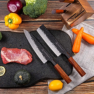FAMCÜTE Japanese Chef Knife Set, 3 Layer 9CR18MOV Clad Steel w/Rosewood Handle and Block Wooden Holder for 4PCS Kitchen Knife Set (8” Gyuto Knife, 7” Nakiri Knife, 7” Santoku knife, 5” Utility knife)