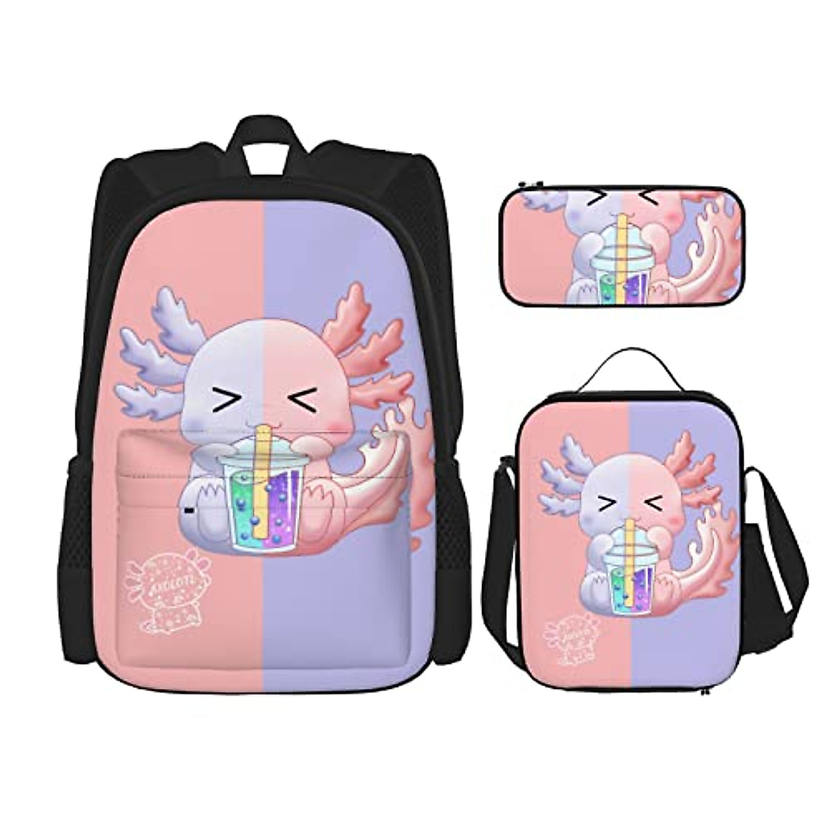 ALOVEUZ Axolotl Backpacks For Teen Boys Girls Lightweight Bookbag Set Daypack With Lunch Bag And Pencil Case, Black 9, One Size
