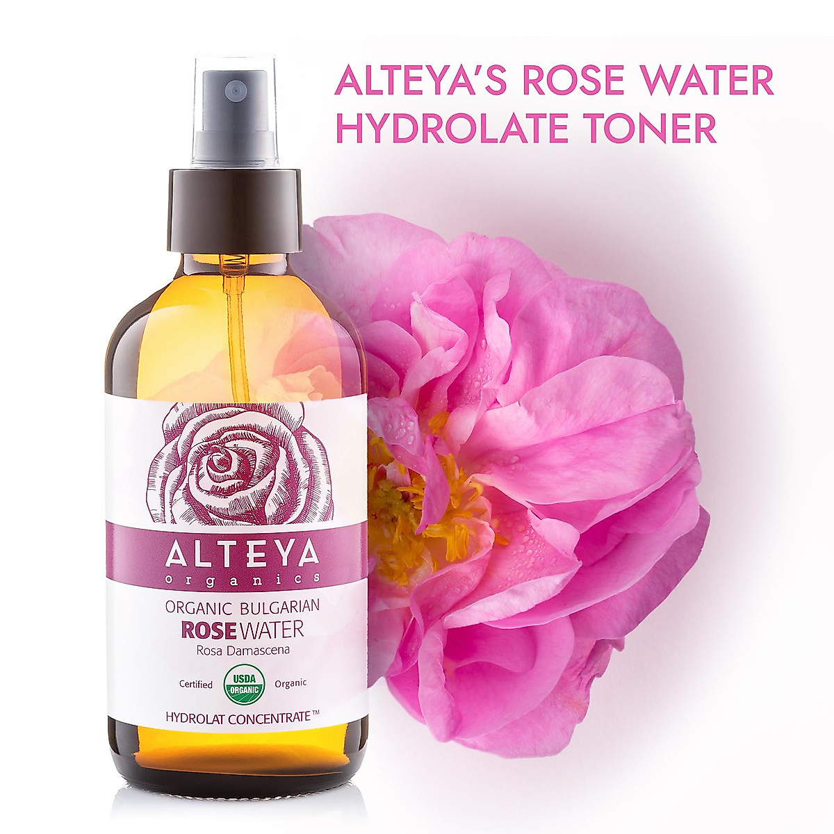 Alteya Organics Rose Water USDA Certified Organic Facial Toner, 8 Fl Oz/240mL Pure Bulgarian Rosa Damascena Flower Water, Award-Winning Moisturizer Amber Glass Spray Bottle