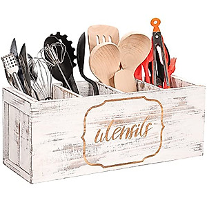 Yumkfoi Extra Large Utensil Holder with 4 Compartments, Wooden Farmhouse Utensil Organizer for Kitchen Counter, Rustic Cooking Utensil Holder Countertop Utensil Crock Spatula Holder (Distressed White)