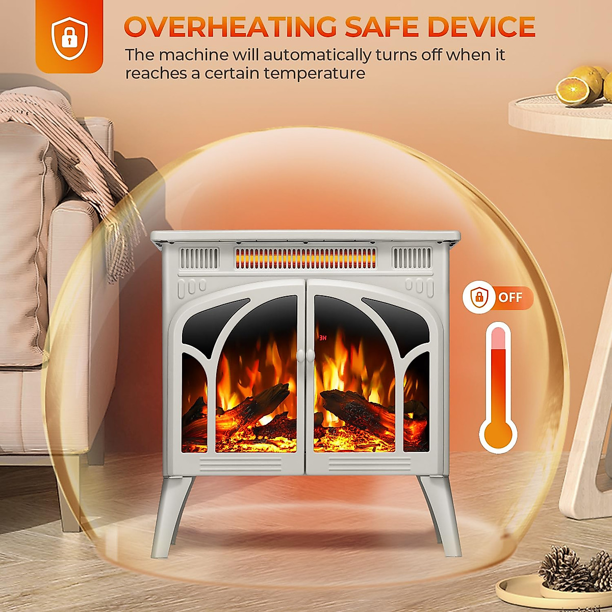 R.W.FLAME Electric Fireplace Heater 25" with Remote, Cathedral Stylish, Different Flame Effects and Log Set Colors, Adjustable Brightness and Heating Mode, Overheating Safe Design, Beige