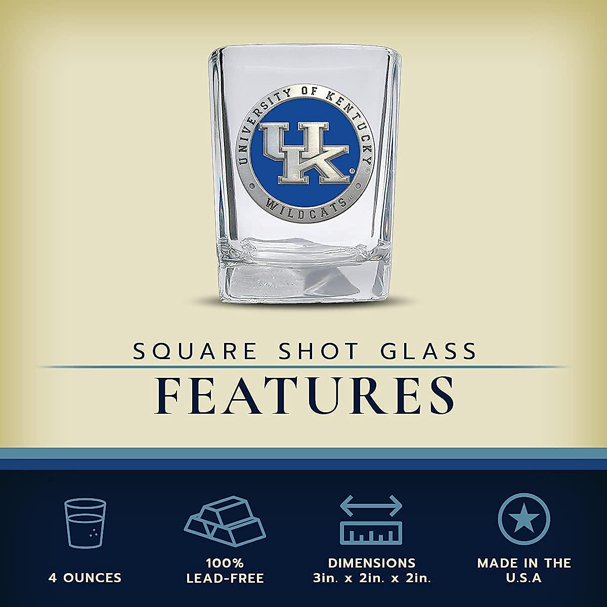 Heritage Pewter University of Kentucky Square Shot Glass | Hand-Sculpted 1.5 Ounce Shot Glass | Intricately Crafted Metal Pewter Alma Mater Inlay