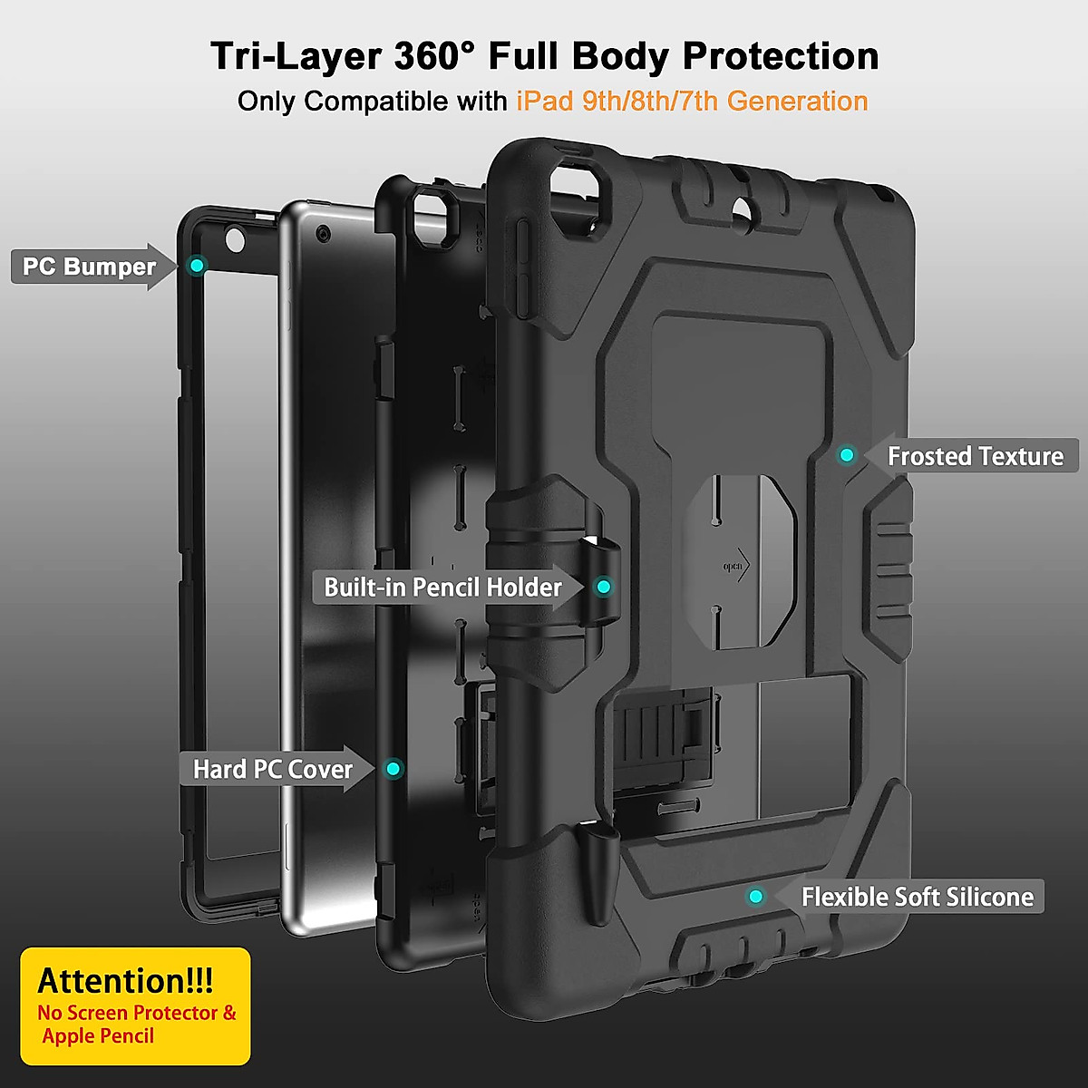 Rantice 9th Generation Case, 8th Generation Case, 7th Generation Case, Hybrid Shockproof Rugged Drop Protection Cover with Kickstand for 10.2'' 2021/2020/2019 Released (Black)