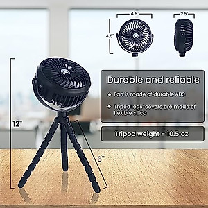 AYL Portable Fan Battery Operated, Small Stroller Fan with Lights USB Rechargeable 360° Rotate Flexible Tripod Clip On Fan, Handheld Cooling Mini Fan for Travel, Car Seat, Camping, and Bedroom (Black)