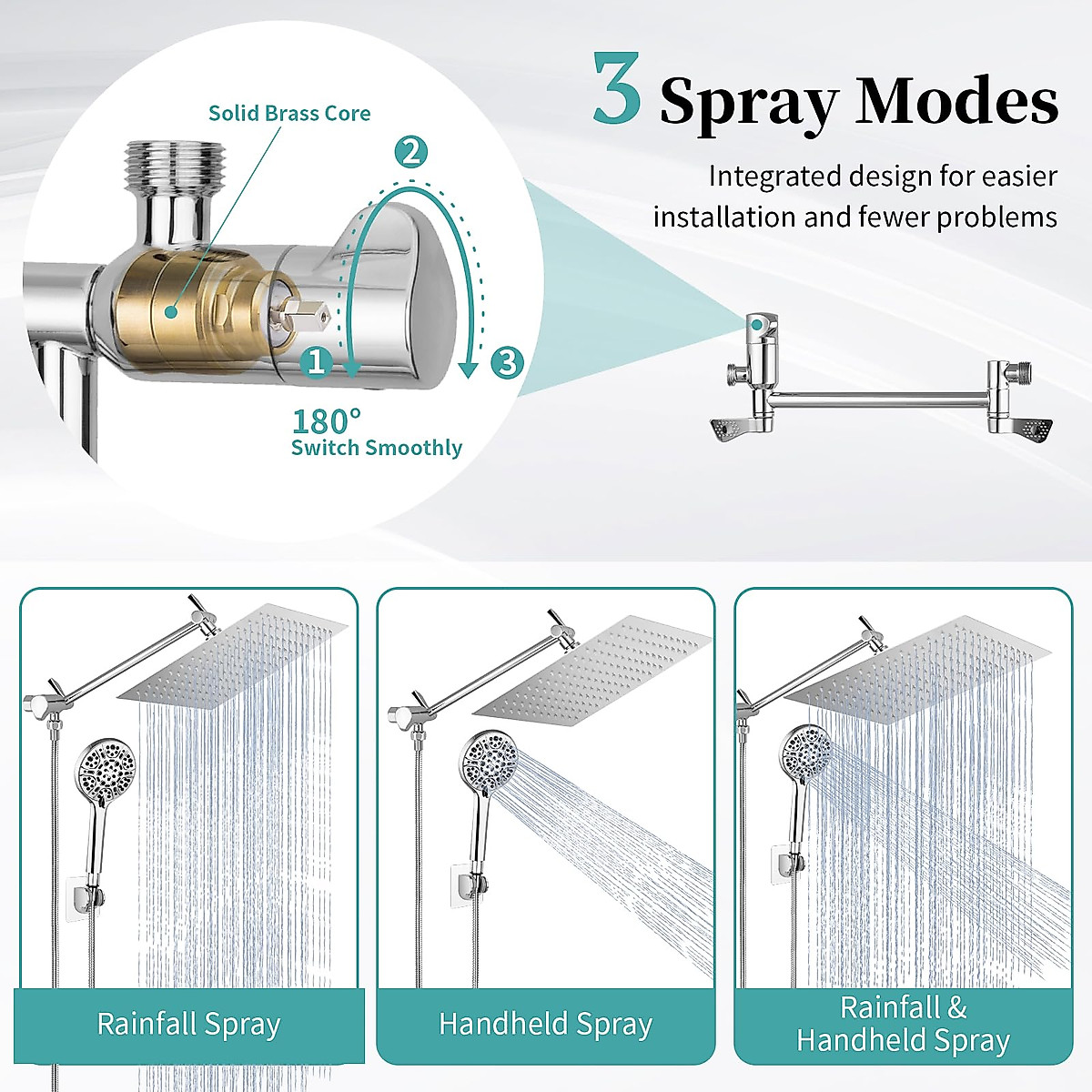 Rain Shower Head with Handheld, Lanhado 12'' High Pressure Rainfall Shower Head with 11'' Extension Arm, 9 Settings Handheld Shower Heads with Holder & Hose, Anti-leak Waterfall Showerhead, Chrome