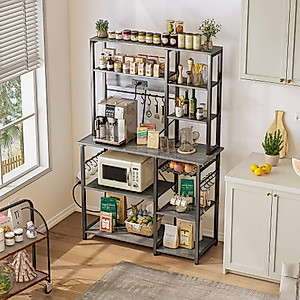 SUPERJARE Large Bakers Rack with Power Outlets, 6-Tier Microwave Stand, Coffee Bar with 12 S-Shaped Hooks, Kitchen Shelf with Wire Basket, 39.3 x 15.5 x 66.9 Inches, Charcoal Gray