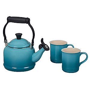 Le Creuset Enamel On Steel Demi Kettle & Stoneware Set of 2 Mugs, 1.25 qt. Kettle & (2) 14 oz. Mugs, Caribbean