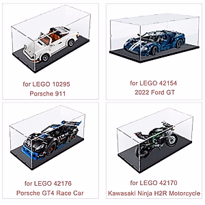 Thickened Clear Acrylic Display Case for Lego 42154 10295 42176 42170 75376 10317 Collectibles, Transparent Box Dustproof Protection with Wood-Plastic Base & String Light, Black Inside 15.7x7.9x7.9in