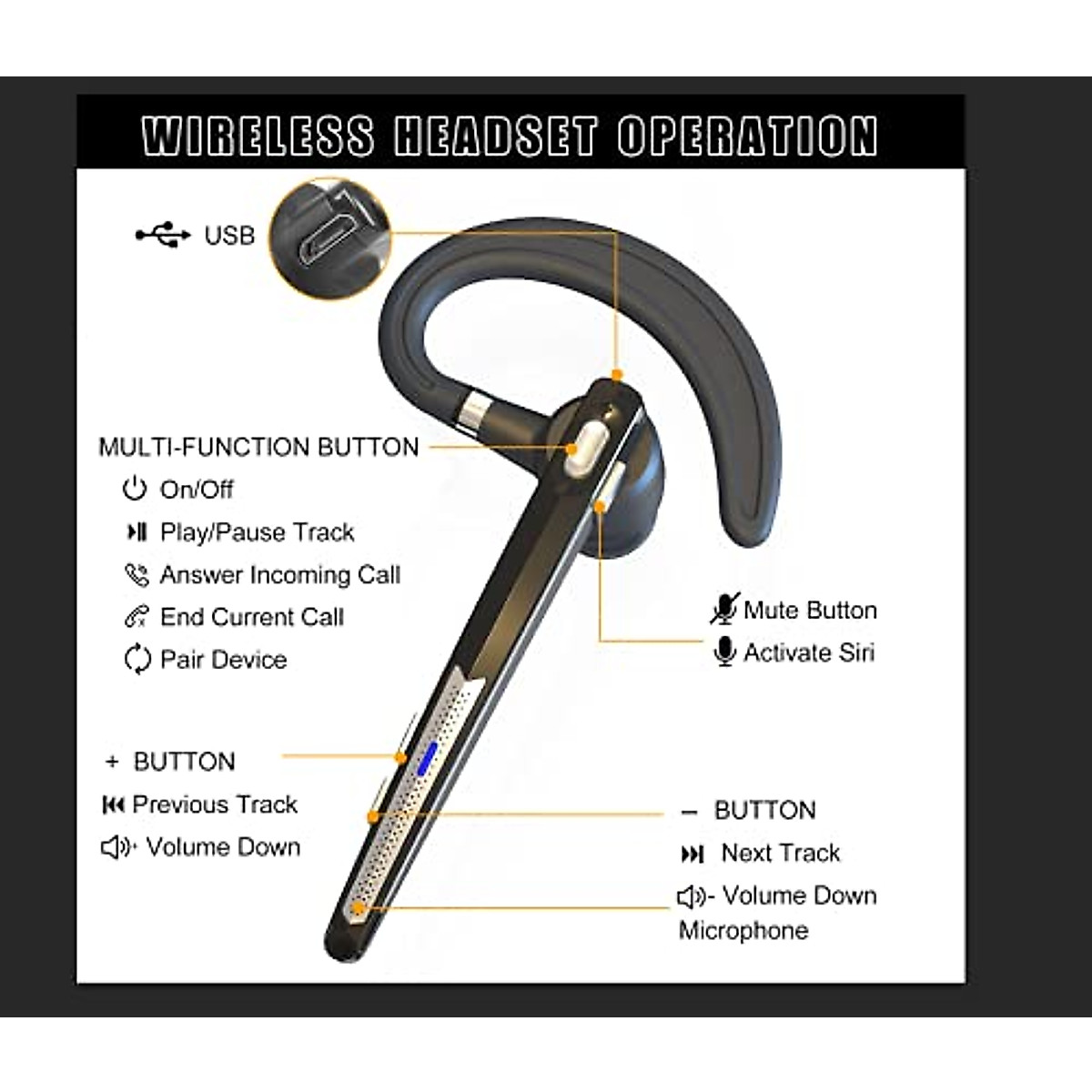 Bluetooth Headset HonShoop Bluetooth 5.0 in Ear Bluetooth Earpiece Wireless Headphones Promoting sound clear Earphones with Mic for Business/Workout/Driving (Grey)