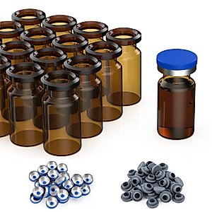 creahub 100 Pack 10ml Glass Vials, Amber Glass Headspace Vials with Plastic-Aluminum Flip Off Caps and Rubber Stoppers, 20mm Flat Bottom Lab Crimp Top Vial for Injection