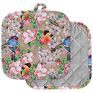 [Pack of 2] Pot Holders for Kitchen, Washable Heat Resistant Pot Holders, Hot Pads, Trivet for Cooking and Baking ( Watercolor Flowers Cherry Apple Bird )