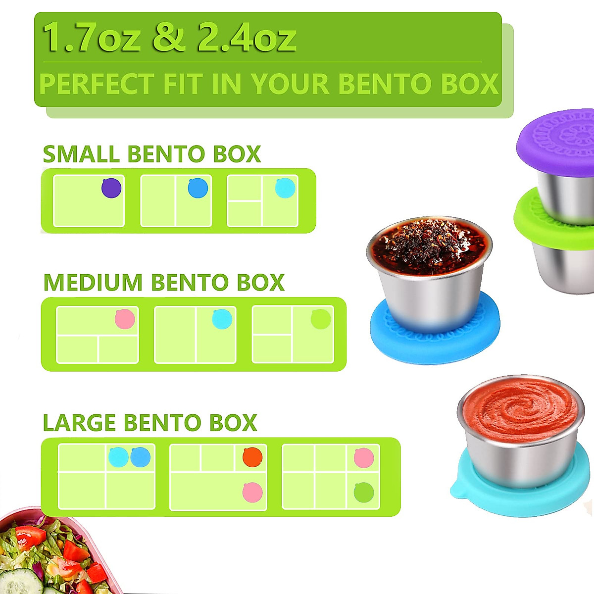 Pack of 6 Small Salad Dressing Container To Go 1.7oz+2.4oz Stainless Steel Sance Containers with Lids Reusable Condiment Containers for Lunch Box Picnic Travel Office