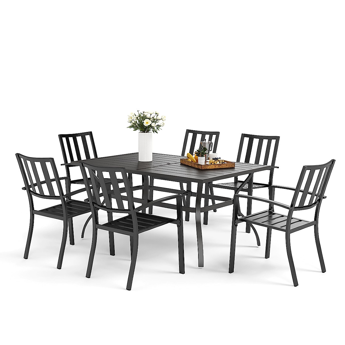 MFSTUDIO 7-Piece Metal Patio Dining Sets with 6 Steel Striped Armrest Chairs and 60" Rectangular Outdoor Dining Table, Black