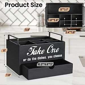 Uipame Paper Plate Holder Countertop, Utensil Caddy with Drawer, Black, 6 Compartments, 1 Drawer, Space Saving, Convenient to Carry, Sturdy, Easy Cleaning, Ideal Gift Idea