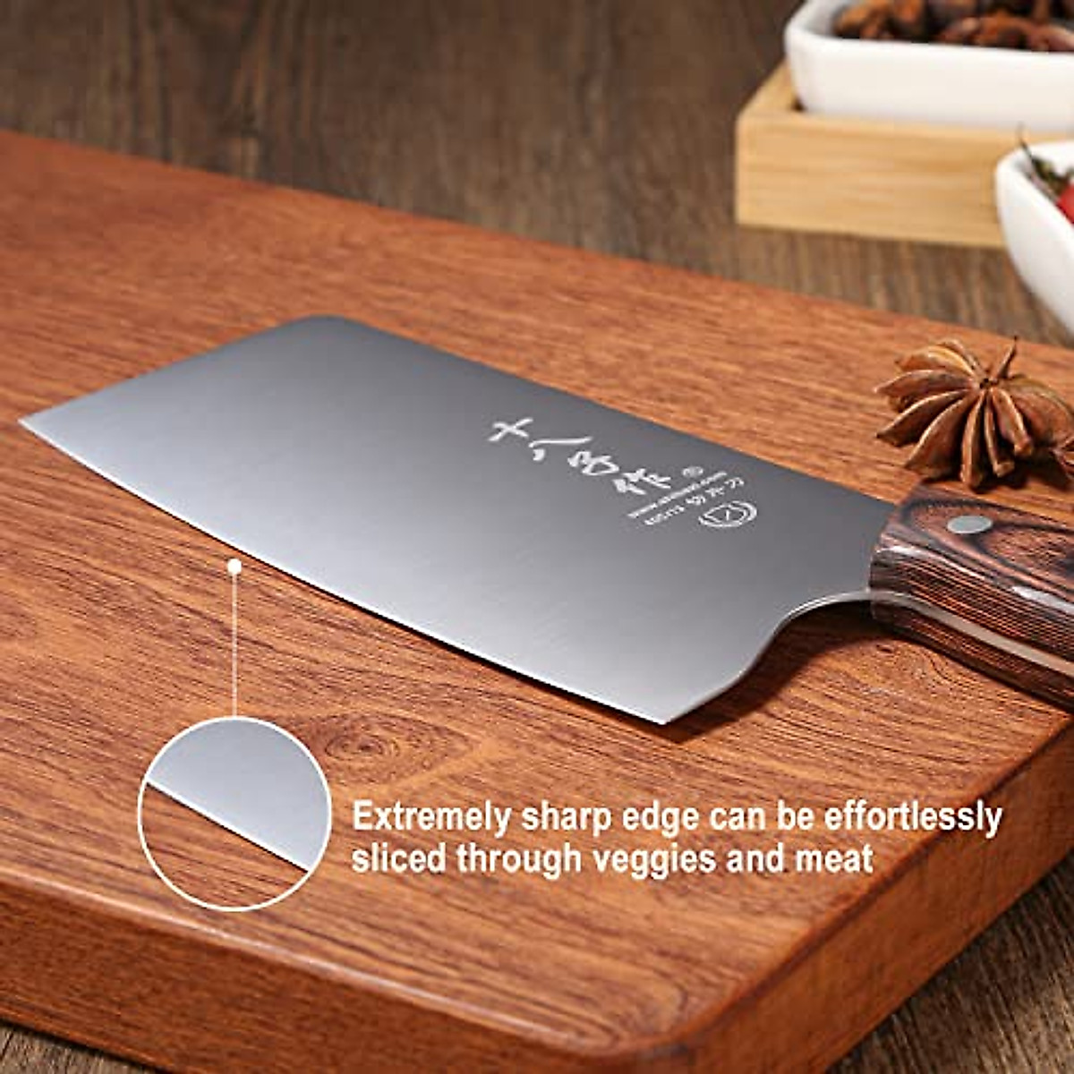 SHI BA ZI ZUO Chinese Knife Vegetable Meat Knife 6.7-inch Stainless Steel Slicer Cleaver, Wooden Handle with Moderate Weight