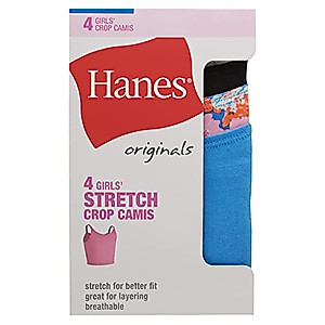 Hanes Girls' Big Crop Top Cami, Moisture-Wicking Cotton Stretch Tank, 4-Pack, Blue/Black/Pattern Assorted