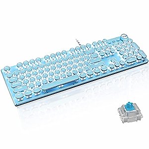 Basaltech Blue Mechanical Gaming Keyboard, Retro Steampunk Vintage Typewriter-Style Keyboard with LED Backlit, 104-Key Anti-Ghosting Blue Switch Wired USB Metal Panel Round Keycaps (Blue-SK)
