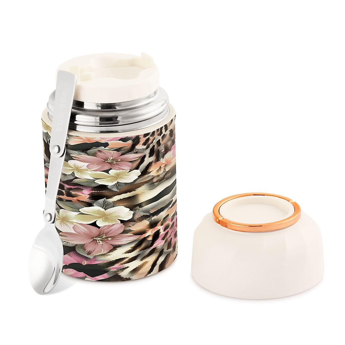 CUPADA Animal Print Flower Food Jar for Hot and Cold, Leopard Texture Floral Insulated Food Jars Vacuum 17OZ with Folding Spoon for Work Trip Picnic Camping