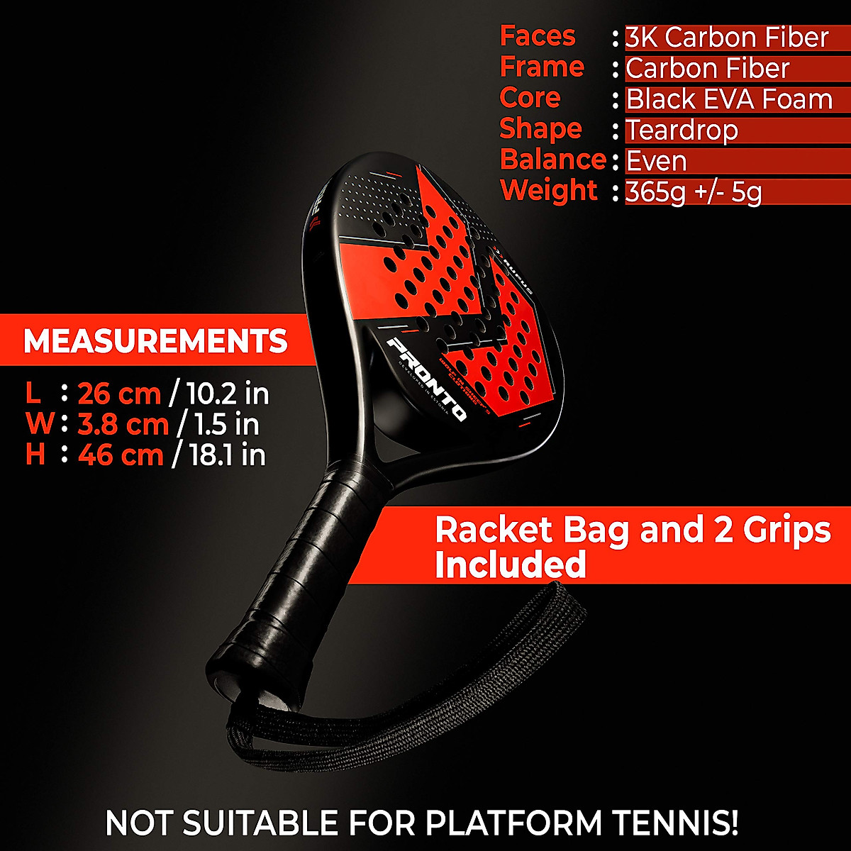 Padel Racket with Carry Bag - PRONTO Rufus - Improved Precision, Control and Power - 3K Carbon Fiber Faces, Carbon Fiber Frame and Black Soft EVA Core - 2 Extra Anti-Slip Grips Included