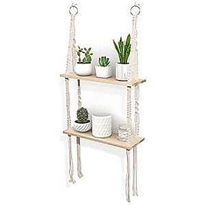 Sonefreiy Macrame Hanging Shelves 2 Tier, Natural Wood Farmhouse Window Plant Shelves Boho Wall Shelf with Hooks & Hardwares,for Bedroom Bathroom Kitchen Living Room