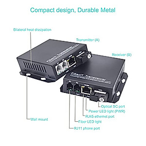 Primeda-tronic 2 Port Telephone and 100Mbps Ethernet Over Fiber Converters 1 Set - 2 Phone Lines POTS Over Fiber Optic,SC Single Mode 20Km and Multimode 500m, Support Called id, Ring and Fax