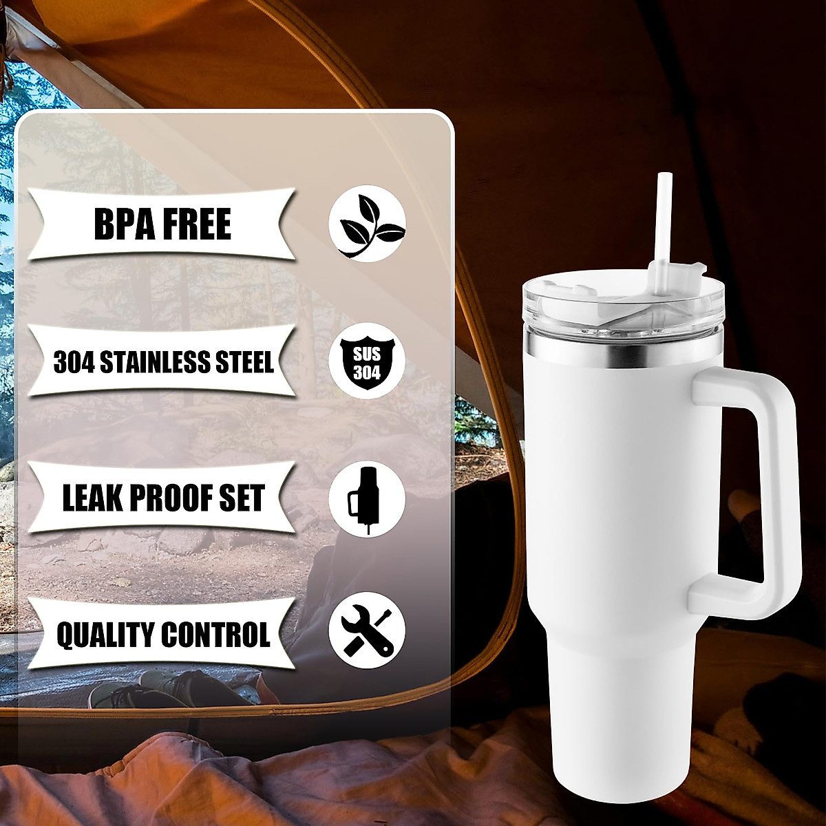 Xereizo 40 oz Tumbler with Handle and Straw, Leak Proof Stainless Steel Insulated Travel Coffee Tumbler Cups Lid and Straw, Iced for 40 Hours Cupholder Friendly Water Bottle Mug, Frost, White