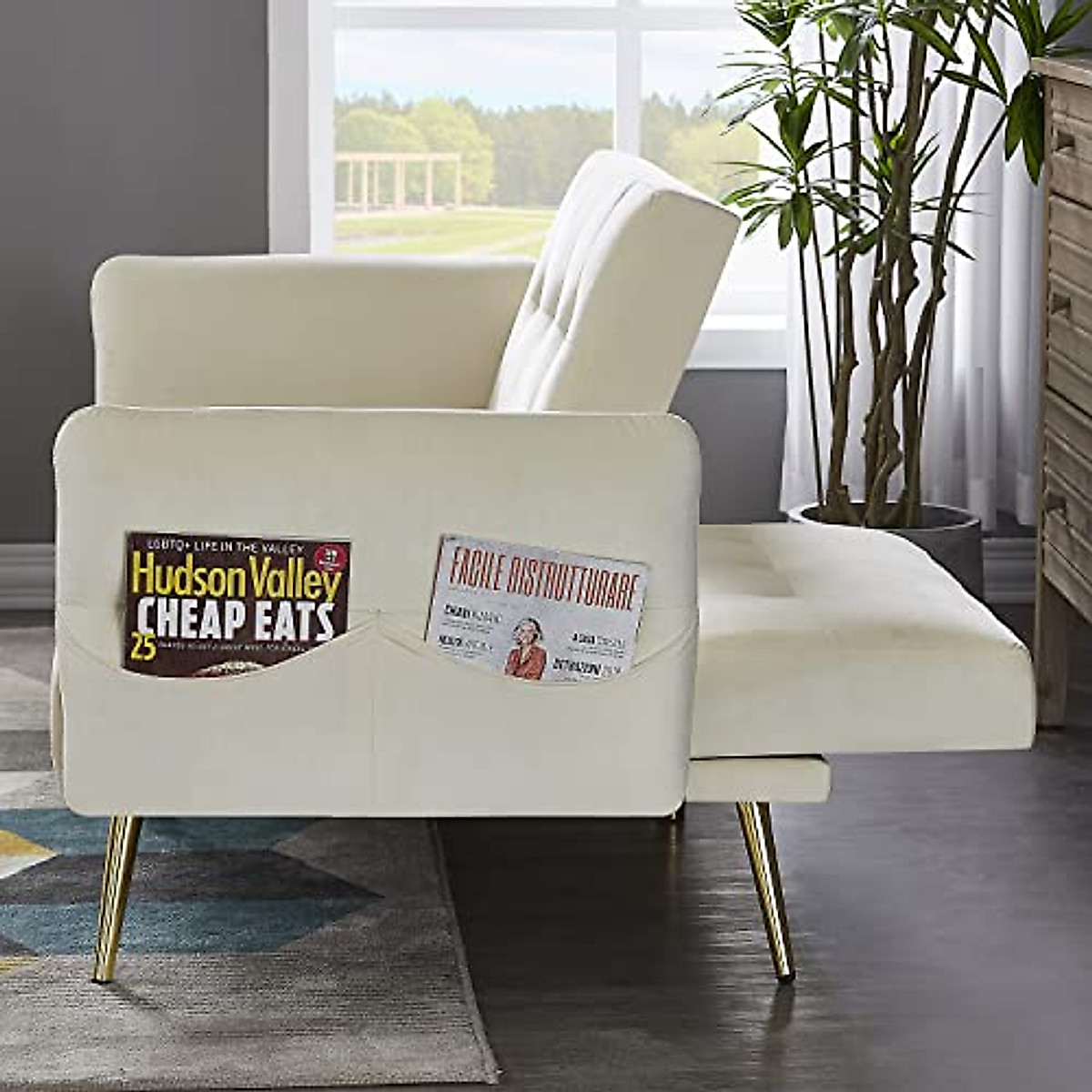 Majnesvon Modern Sofa Bed with Convertible Backrest, Convertible Armrests and Storage Pocket for Living Room, Bedroom, Office, Velvet Material (Beige)