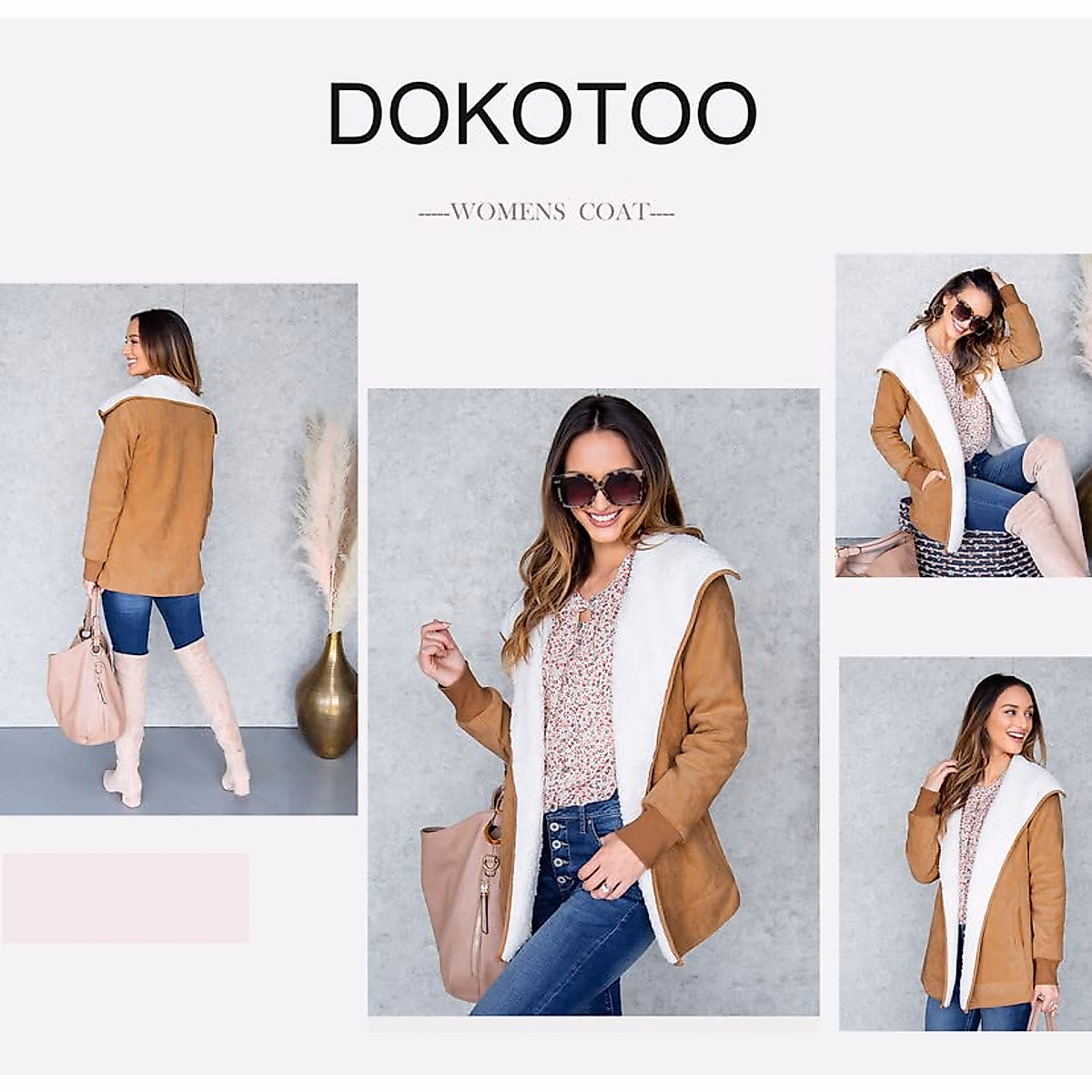Dokotoo Womens Winter Warm Long Sleeve Open Front Fleece Jacket Stand Collar Sherpa Lined Outerwear Fashion Thicken Faux Suede Coats Jackets for Women 2024,XL,Khaki