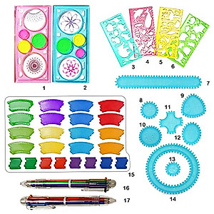 MIMIDOU Spiral Designer Freestyle Design Deluxe Kit, kids drawing aid art design stencil set include multicolored gel pen, spiral shapes and geometric templates 17 pcs.