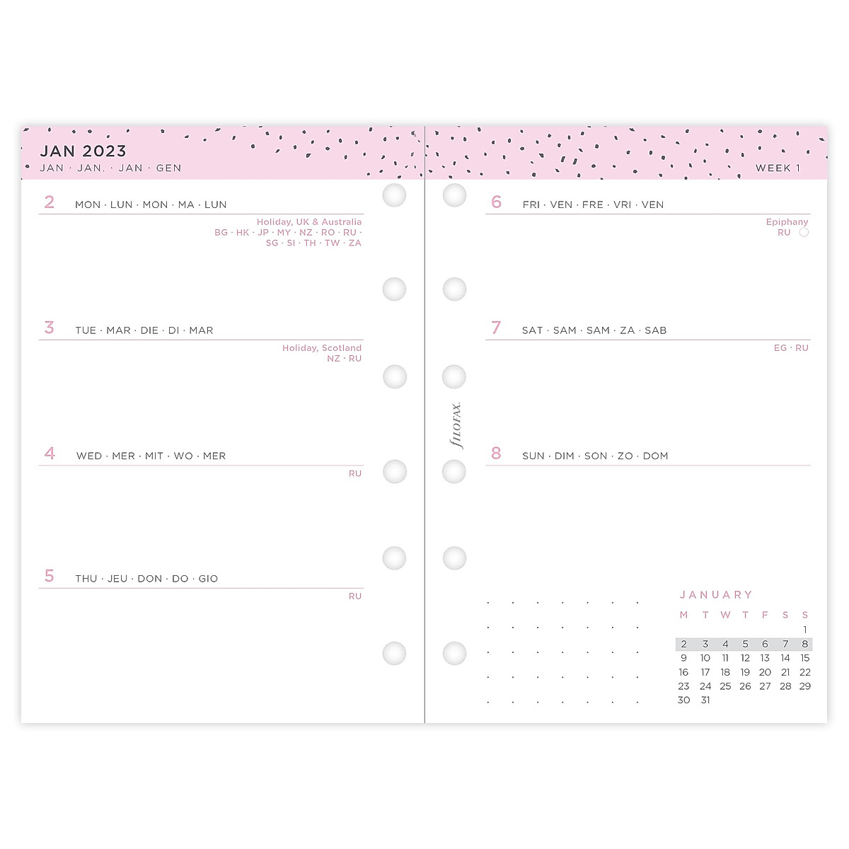 Filofax Pocket Confetti Week to View Diary, organizer diary, 2023, diary refill, calendar, White
