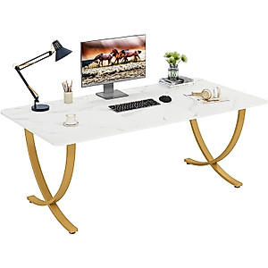 Tribesigns Executive Desk, 63” W x 31.5” D Large Office Desk, Modern Computer Desk Conference Table Meeting Room Table, Business Furniture for Home Office, White and Gold