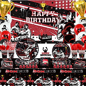 KEFAN Boxing Party decorations, Boxing birthday Party Supplies Packs, Fight Sports Wrestling Party Supplies including HAPPY BIRTHDAY Banner, Plates, Balloons, Boxing Party Set Serves 20 (Banner)