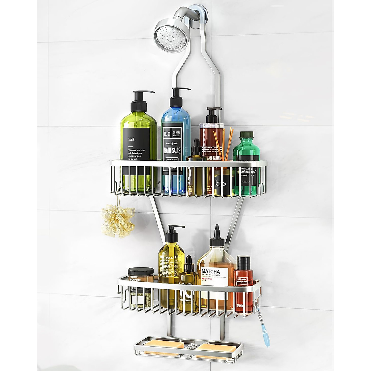 Shower Caddy Hanging Bathroom Organizer: Over Head Long Rack for Tall Showerhead - Extra Large Shelf for Big Shampoo Bottles with Soap Holder