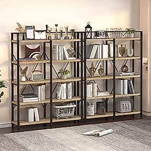 FATORRI Bookshelf, Industrial 5 Tier, Rustic Wood Etagere Bookcase, Metal Tall Book Shelf with Large Open Shelving Unit (Rustic Oak, 51 Inch Wide)
