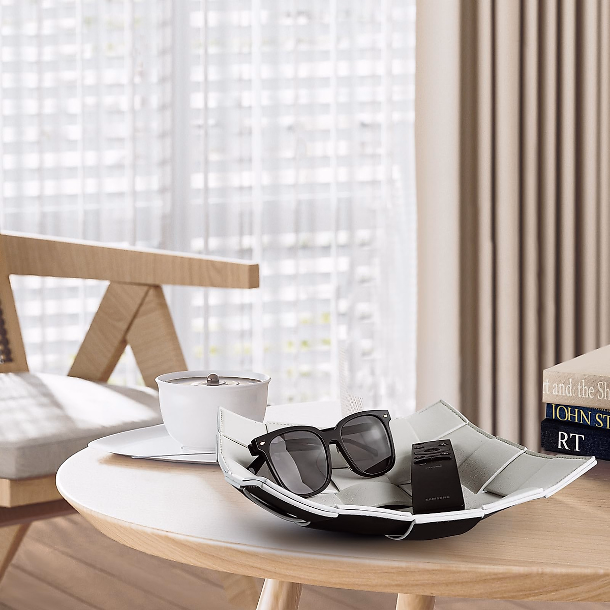 MSJGA Valet Tray for Men, PU Leather Key Holder Bowl for Entryway Table Bedside Nightstand Desk Catchall Organizer EDC Dump Tray for Wallet, Watch, Remote, Key, Phone, Jewelry - 9.8"L x 9.8"W x 2"H