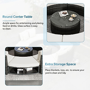 Merax Patio Furniture Set, 9-Piece Outdoor Patio Conversation Set Luxury Circular Outdoor Sofa Set Rattan Wicker Sectional Sofa Lounge Set with Tempered Glass Coffee Table, 6 Pillows, Beige