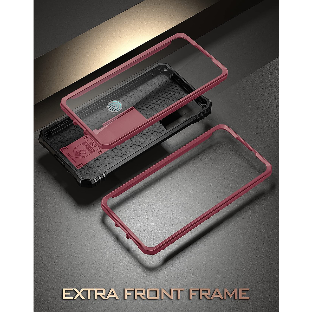 Poetic Revolution Case for Samsung Galaxy S22 5G 6.1 inch, Built-in Screen Protector Work with Fingerprint ID, Full Body Rugged Shockproof Protective Cover Case with Kickstand, Maroon Red