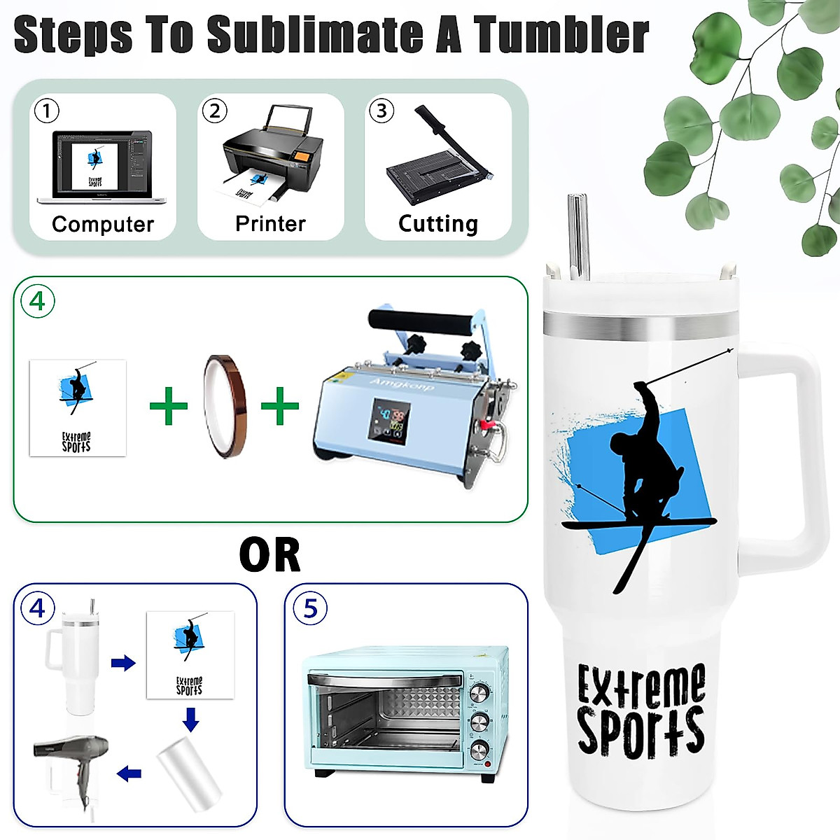 Amgkonp 2 Pack 40oz Stainless Steel Insulated Travel Cup with Handle and Straw, Sublimation Tumbler Blanks for DIY Gift