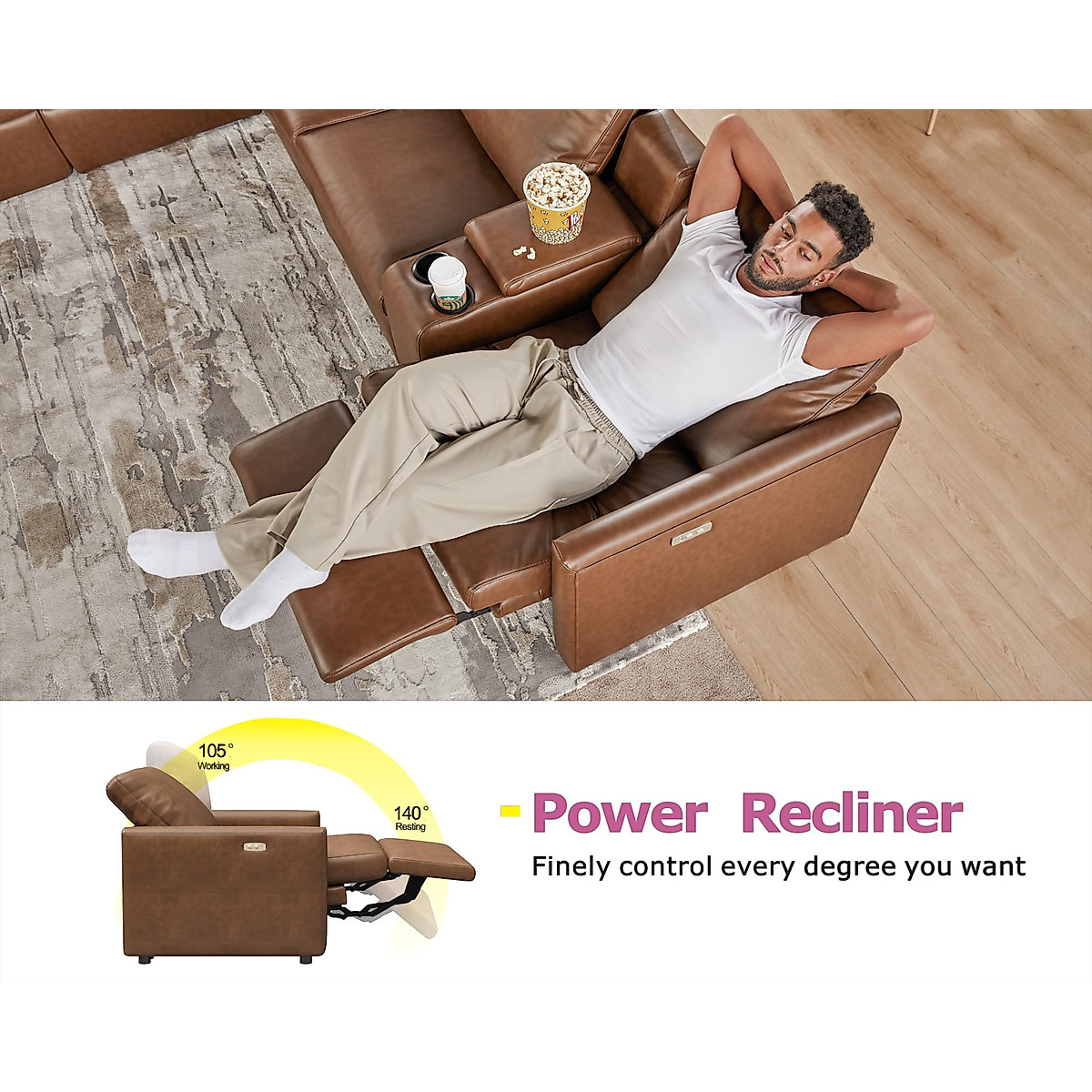 AMERLIFE Power Recliner, Reclining Sectional Sofa with Single Right Recliner, 3 Seater Recliner Couch with USB Port, Leather Modular Sofa for Living Room