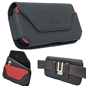 AIScell Red Black Oversize Leather Pouch Holster Belt Loop Case Universal Faux Leather Horizontal Cellphone Belt Clip Hip Holster for Smartphones 7.00X3.60X0.60 Inches Fits Phone with Thick Cover