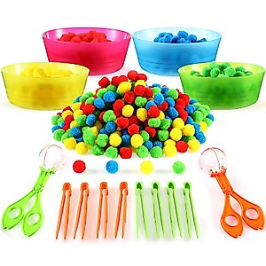 138 Pieces Fine Motor Skills Toys for Early Education and Sorting Counting Training Development, for Ages Over 3 Including 8 Sorting Bowls 2 Scissors Clip 8 Tweezers and 120 Colorful Plush Balls