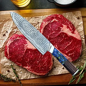 OceansBay 7" Super Sharp Professional Chef Knife with Laser Damascus Pattern in Gift Box, Premium Stainless Steel Kitchen Knife use for Meat, Sushi and Vegetable Chef Knives with Ergonomic Handle