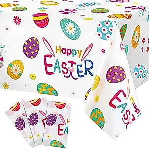 Easter Tablecloth Plastic Easter Egg Bunny Table Cover Colorful Egg with Happy Easter Bunny Tablecloth for Easter Spring Flower Themed Party Kitchen Dining Room Home Decor, 54 x 108 Inch (3)